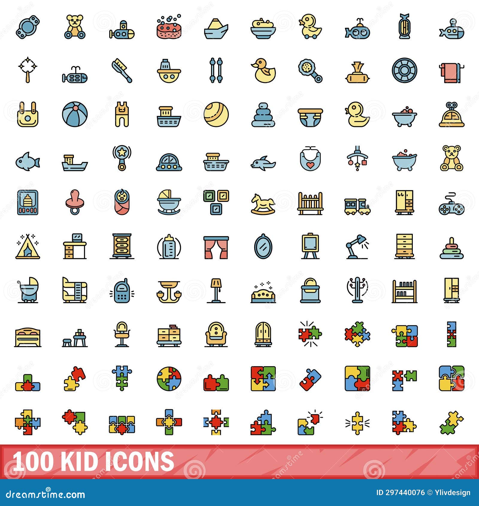 100 Kid Icons Set, Color Line Style Stock Illustration - Illustration ...