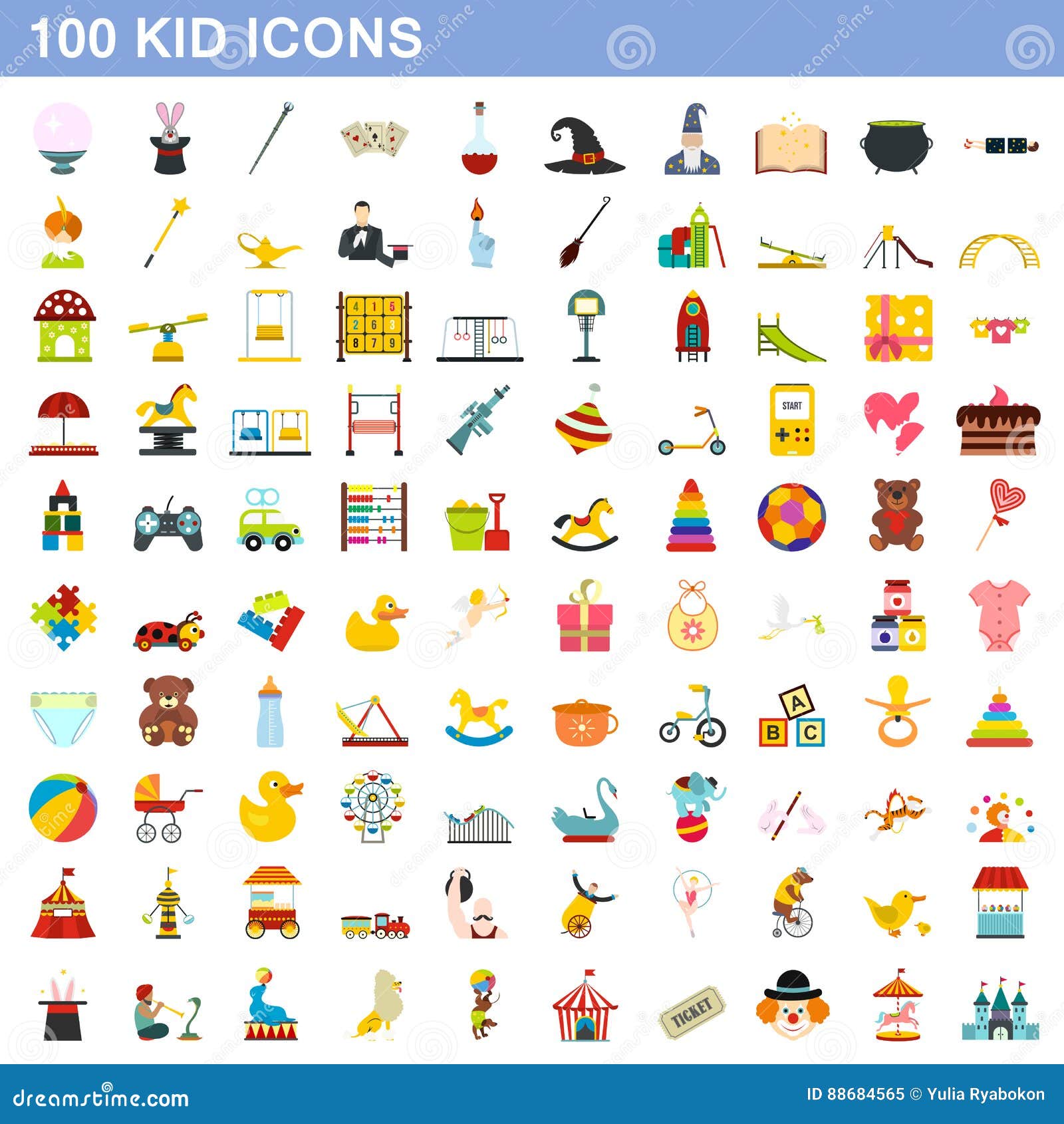 100 Kid Icons Set, Flat Style Stock Vector - Illustration of basket ...