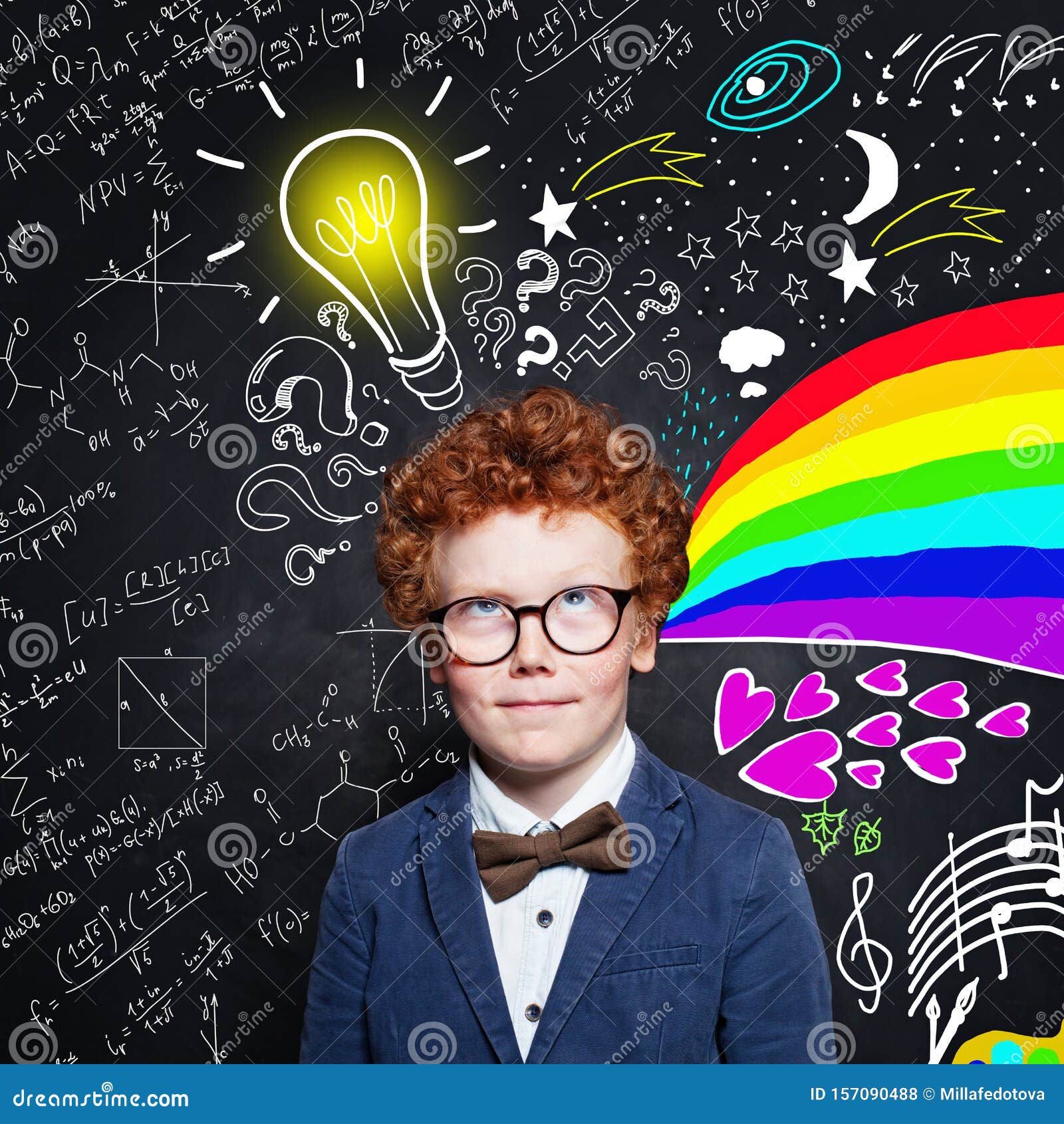 Kid and Idea Light Bulb on School Blackboard Stock Photo - Image of ...