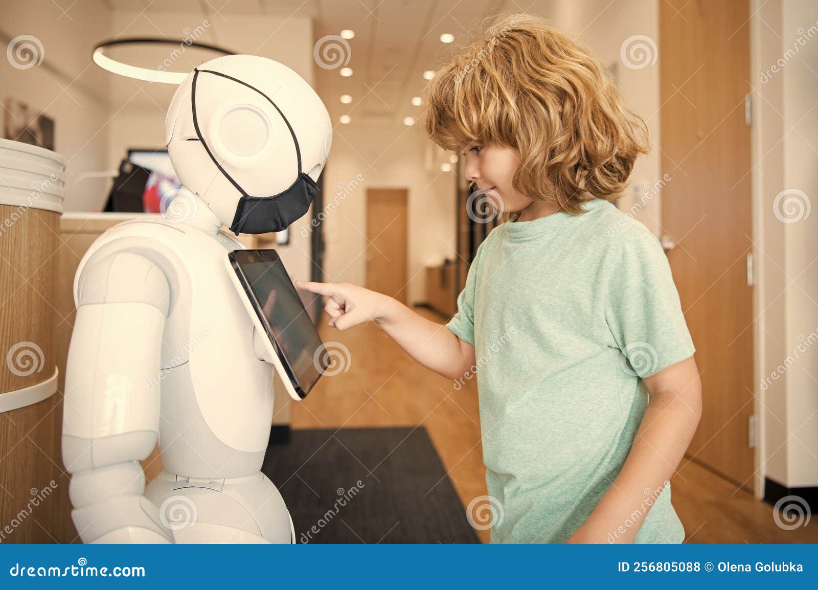 Kid Interact with Cyborg Artificial Intelligence, Communication Stock ...