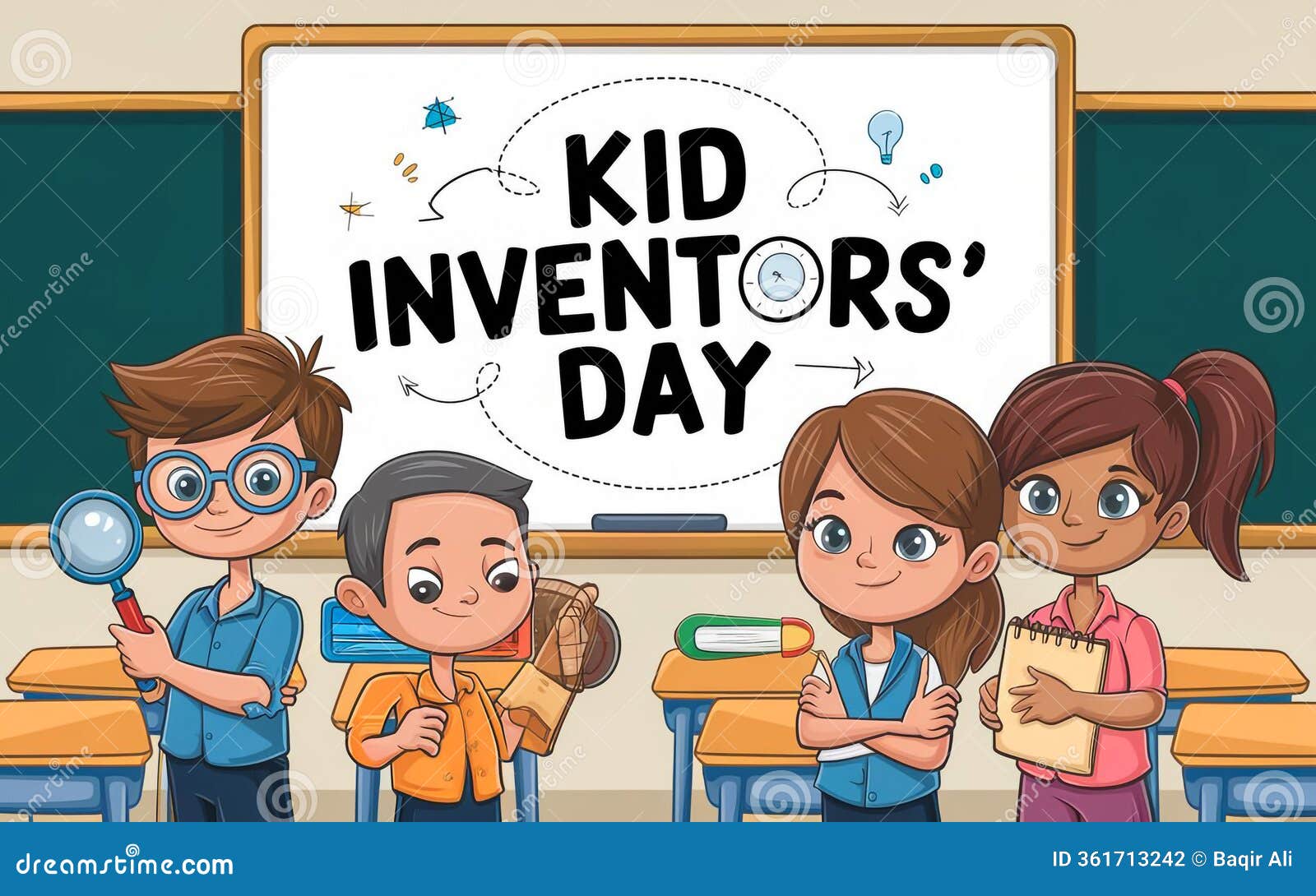 Kid Inventors Day.Children, A Boy And A Girl, Carry A Huge Yellow Light ...