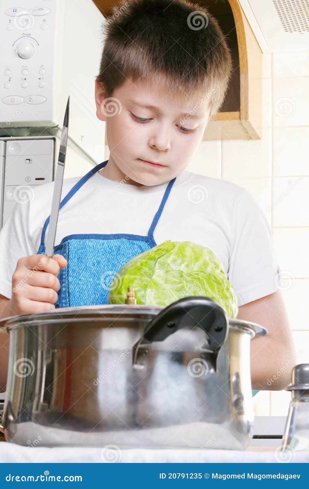 Kid at Kitchen with Cabbage and Knife Stock Image - Image of blue ...