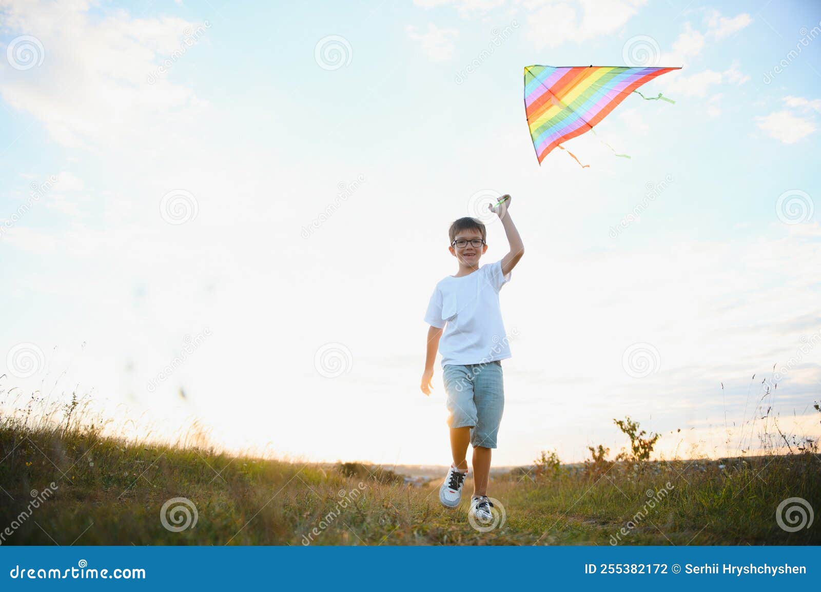 Kid with kite on meadow stock photo. Image of summer - 255382172
