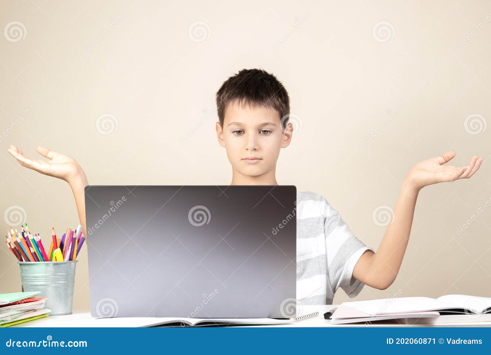 Kid with Laptop Computer Having Learning Problem, Do Not Understand ...