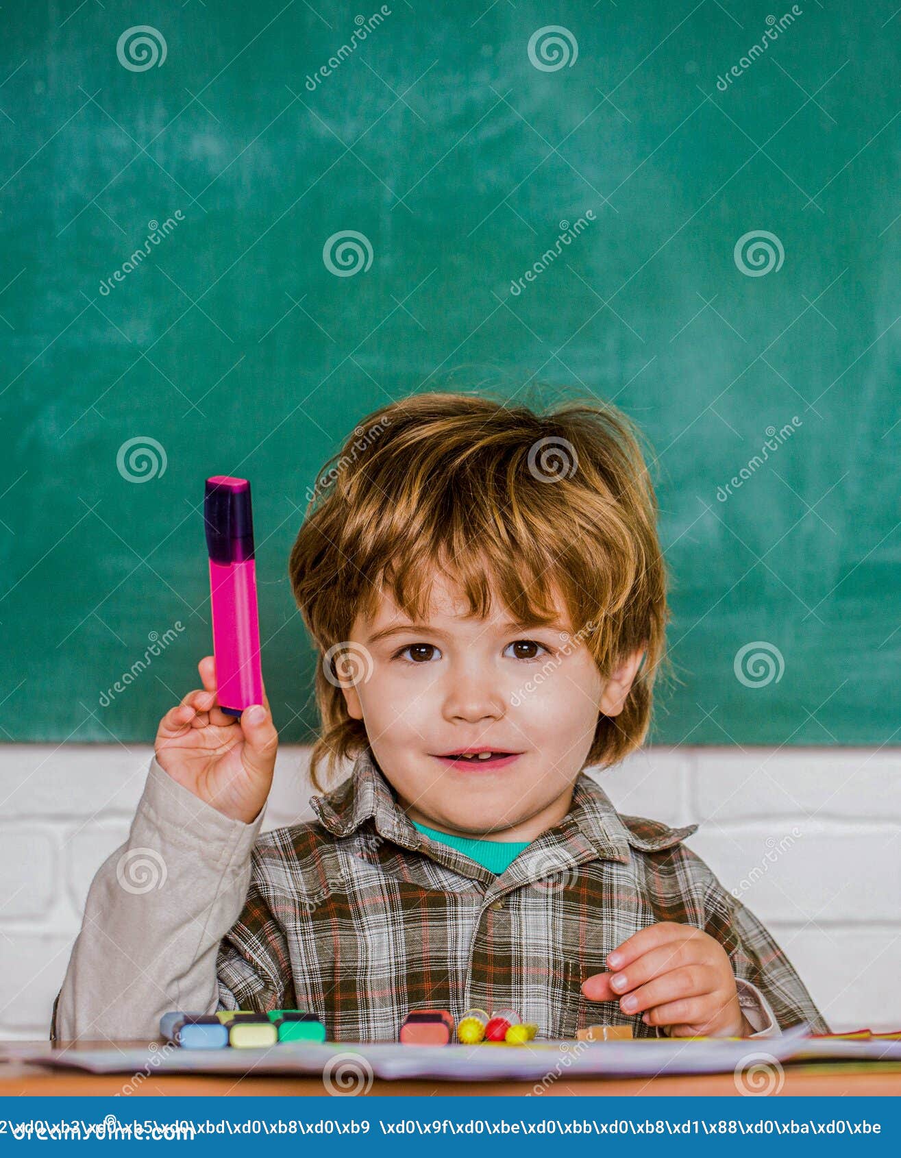 Kid is Learning in Class on Background of Blackboard. Preschooler Near ...