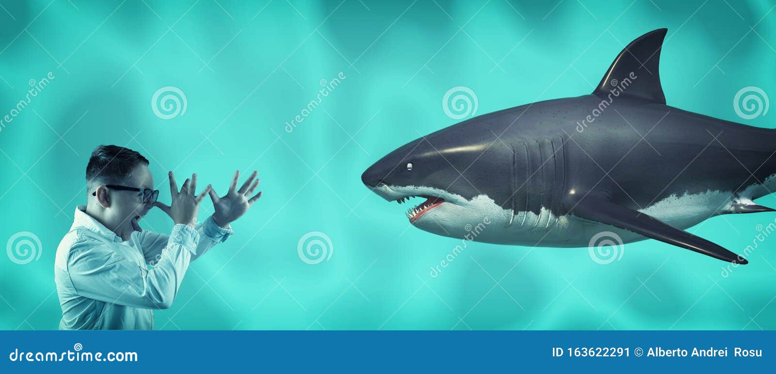 Kid makes fun of a shark stock image. Image of fish - 163622291