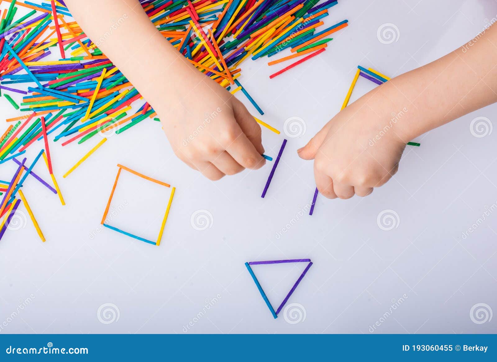 Kid Making Geometric Shapes with Colorful Sticks on White Background ...