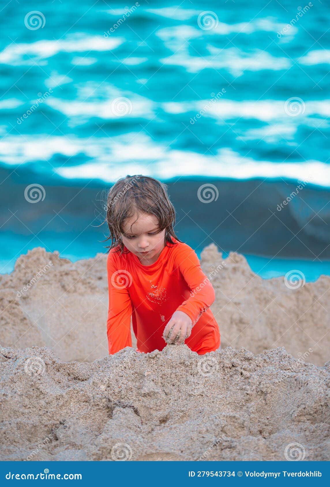 Kid Making Sand Castle at Beach on Sea. Stock Photo - Image of swimming ...