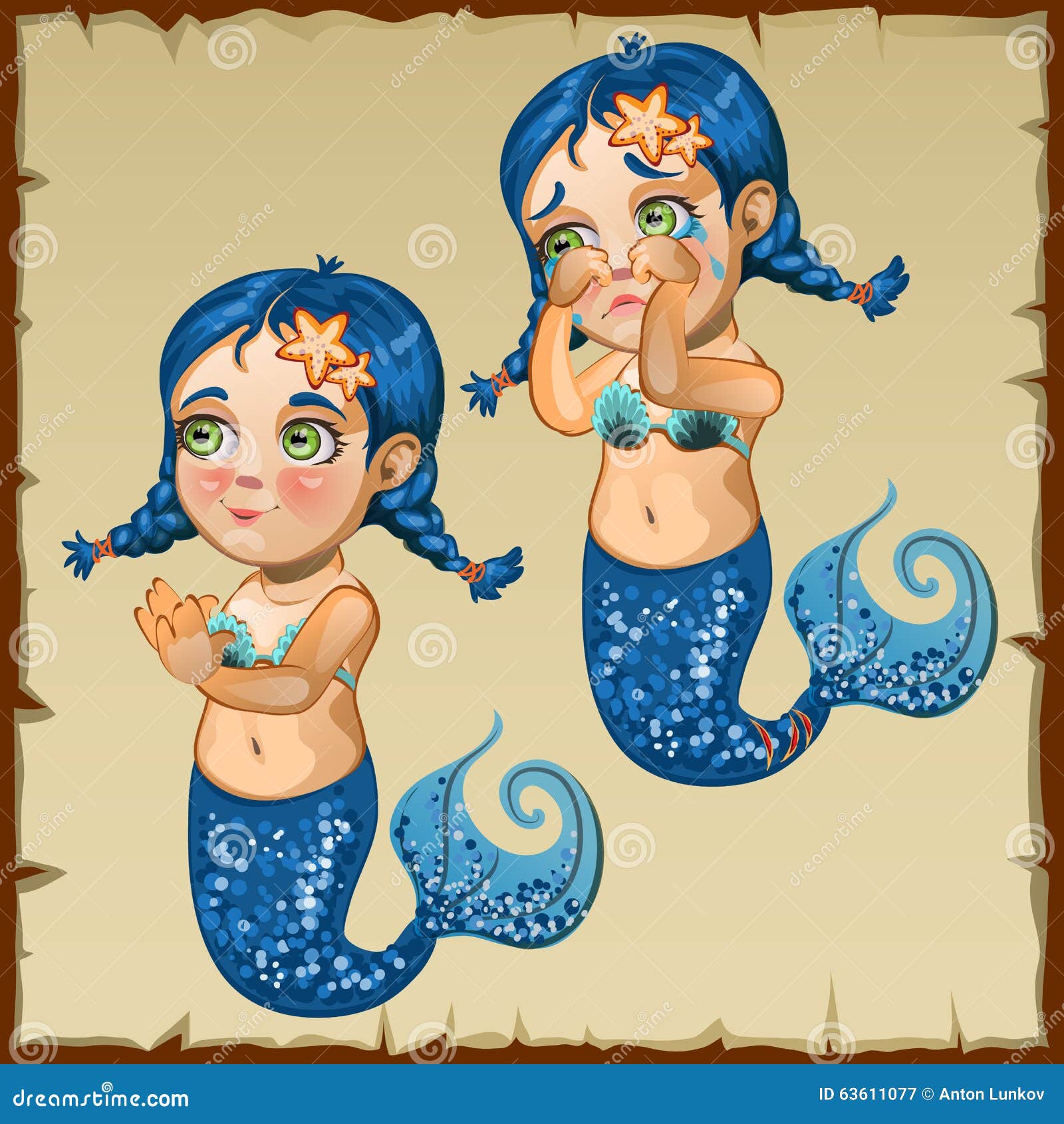 Kid Mermaid and Her Emotions are Joy and Sadness Stock Illustration ...