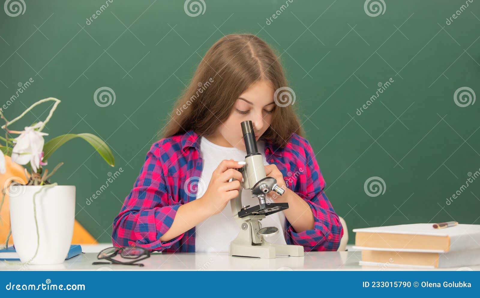 Kid with Microscope in Classroom at Blackboard, Science Stock Photo ...