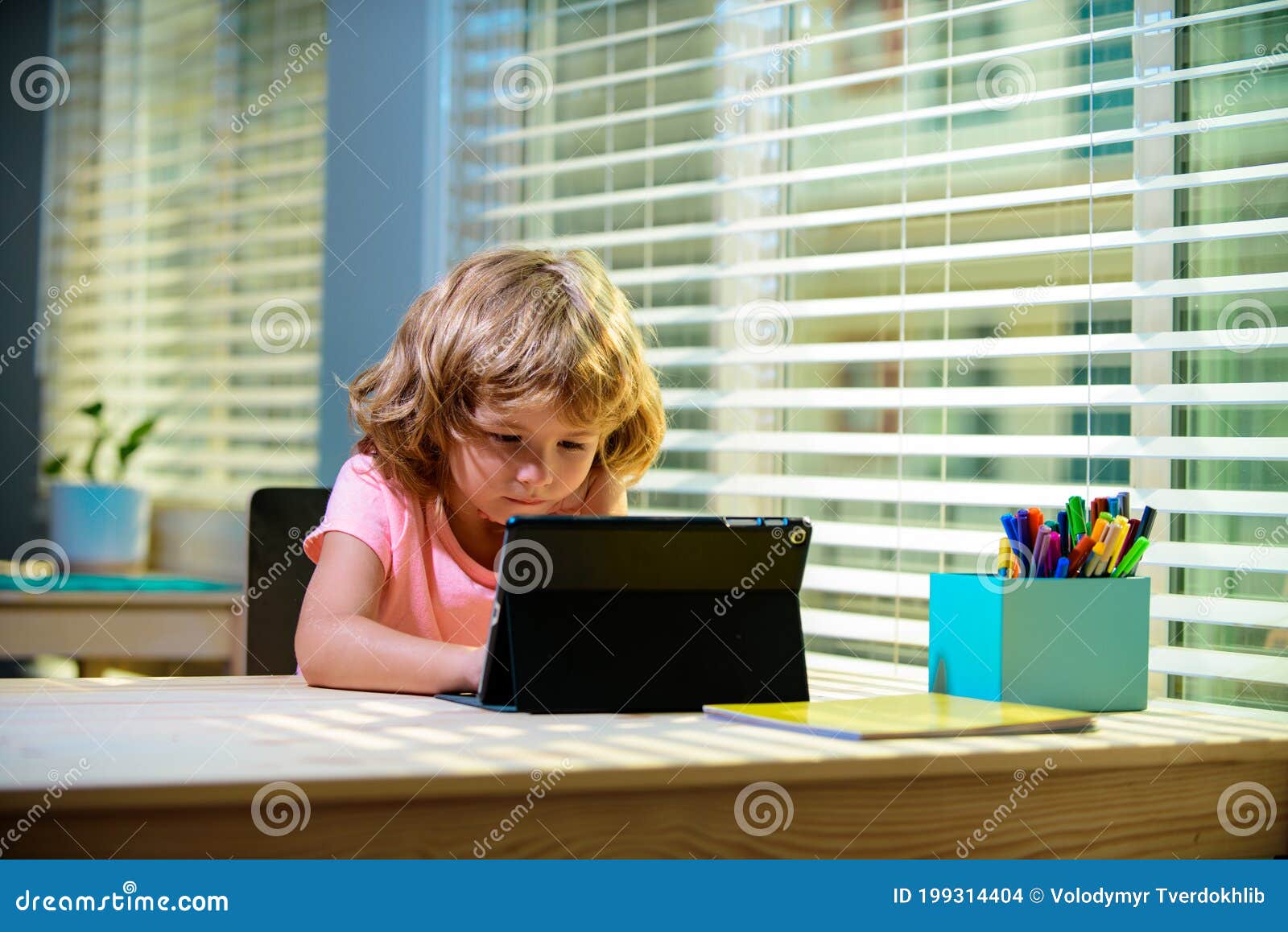 Kid at Online School, Home Schooling. on-line Remote Learning Stock ...