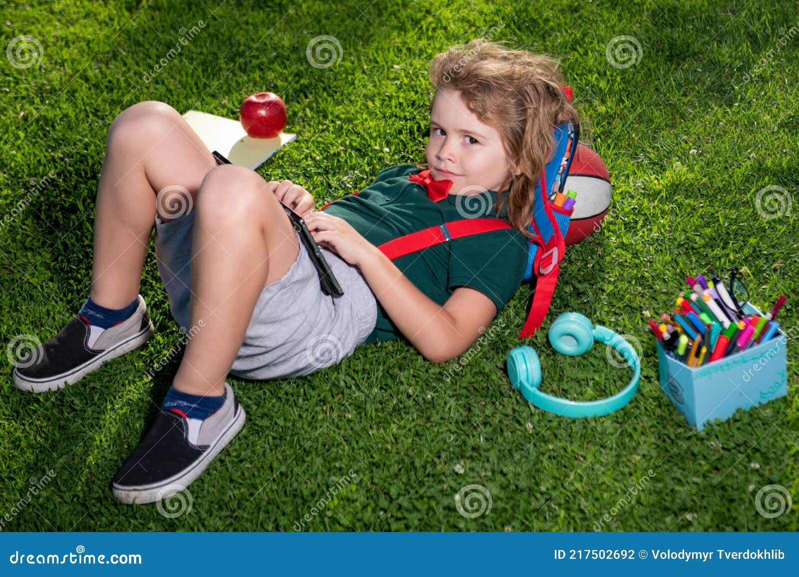 Kid Outdoor Education. Child Doing Homework Outdoor. Stock Photo ...