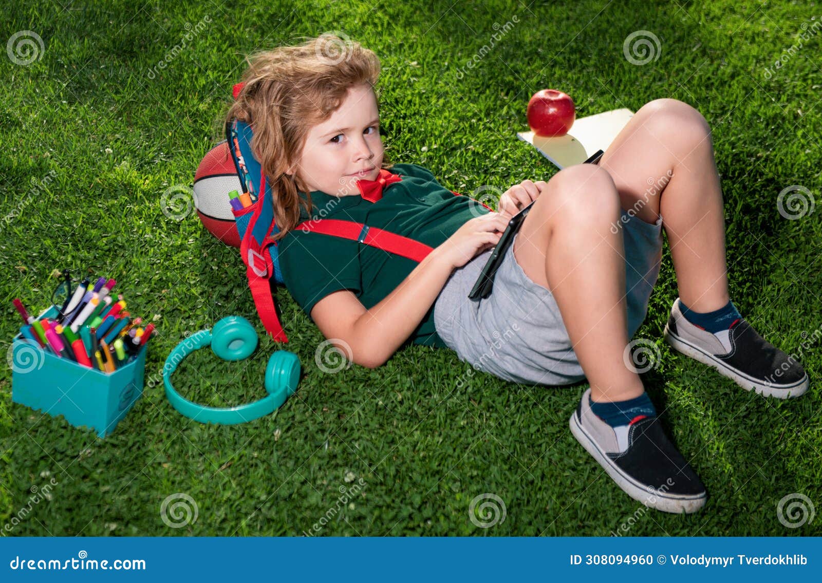 Kid Outdoor Education. Child Doing Homework Outdoor. Stock Photo ...