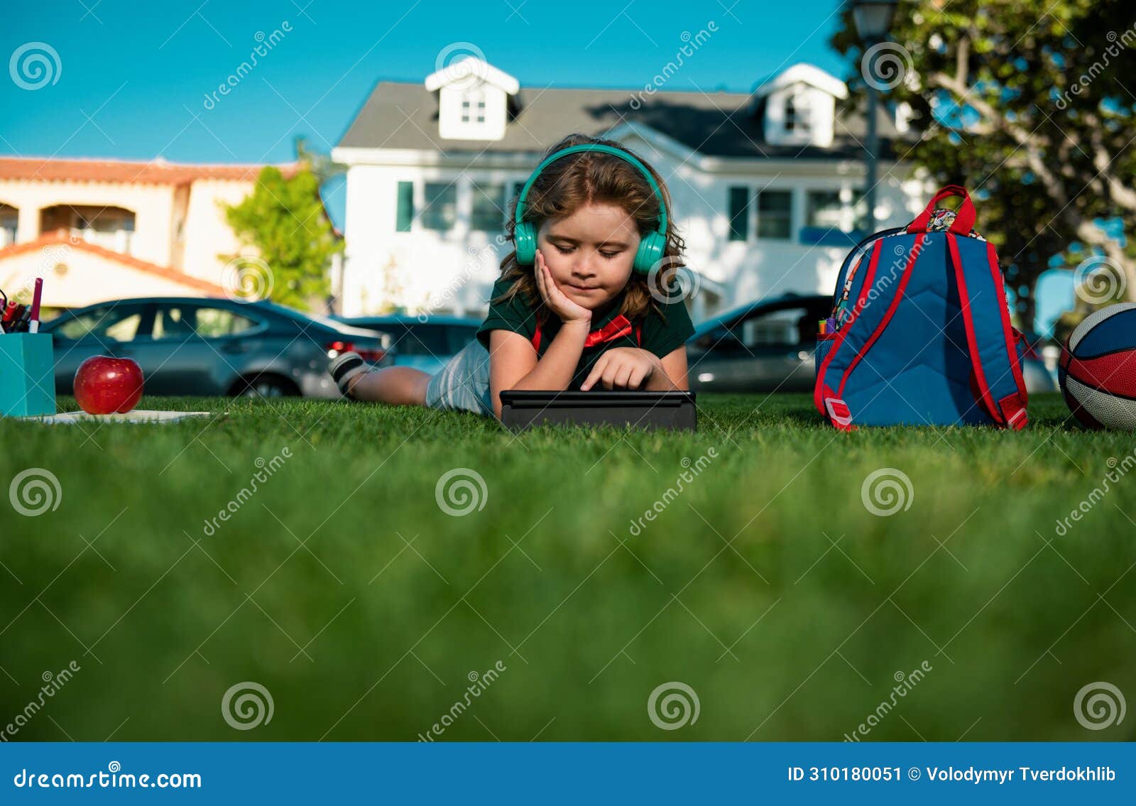 Kid Outdoor Education. Child Doing Homework Outdoor. Nerd Pupil. Stock ...