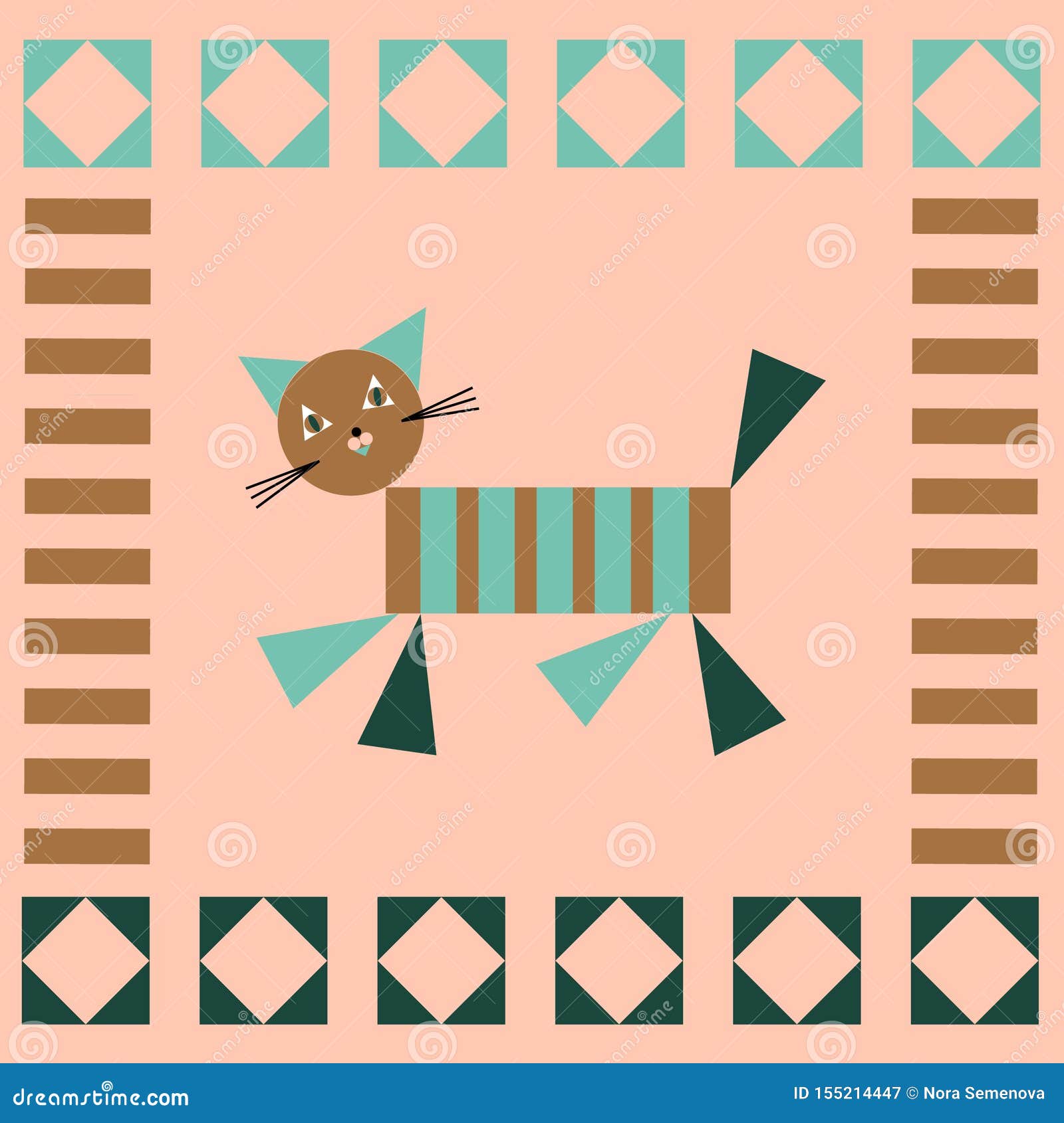 Kid Patchwork Quilt Vector with Geometrical Cat and Simple Geometrical ...