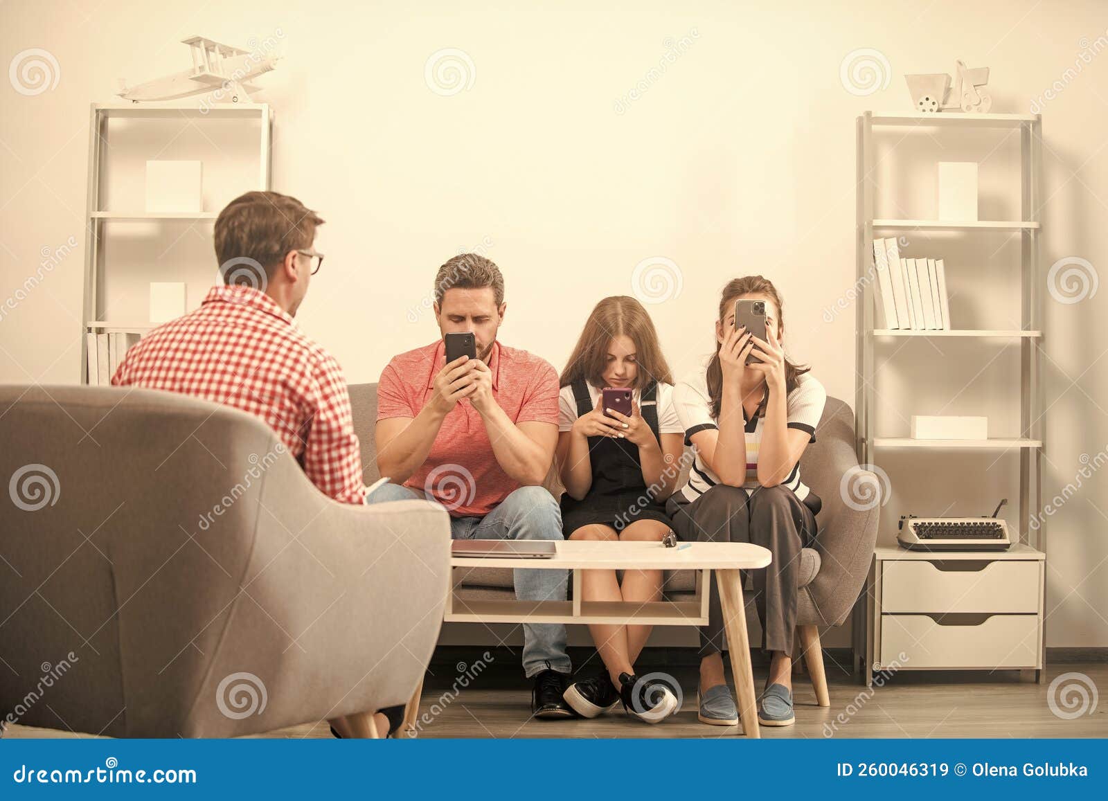 Kid with Phone Addicted Daddy and Mom Sitting at Psychologist Solving ...