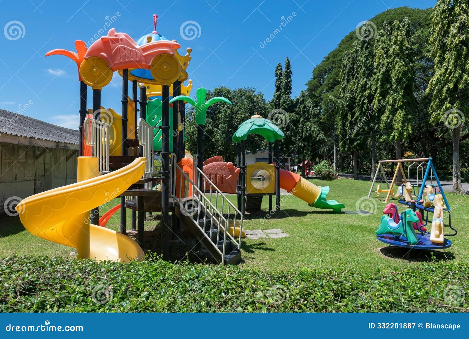 Kid Playgrounds on Green Grass Field in Garden and Blue Sky Stock Image - Image of children ...