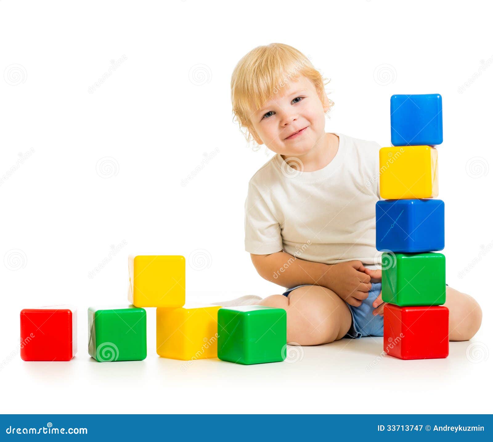 Kid Playing with Colorful Blocks Sitting on Floor Stock Image - Image ...