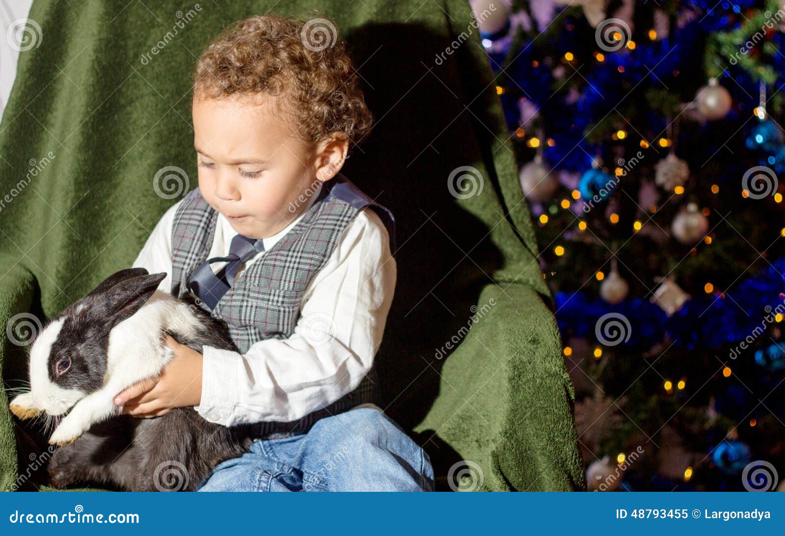 Kid playing with a rabbit. stock image. Image of expression - 48793455