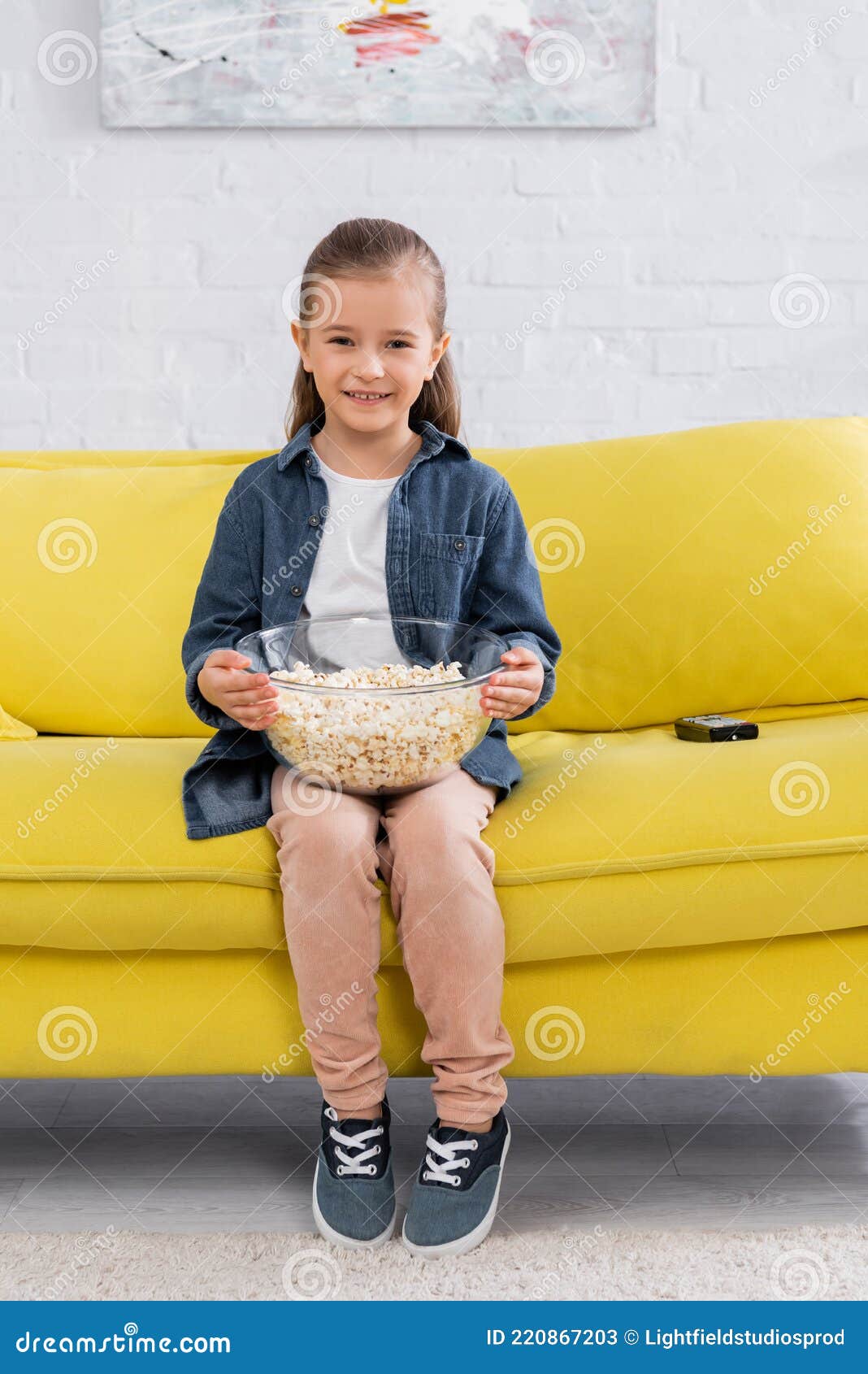 Kid with Popcorn Smiling at Camera Stock Image - Image of snack, sofa ...