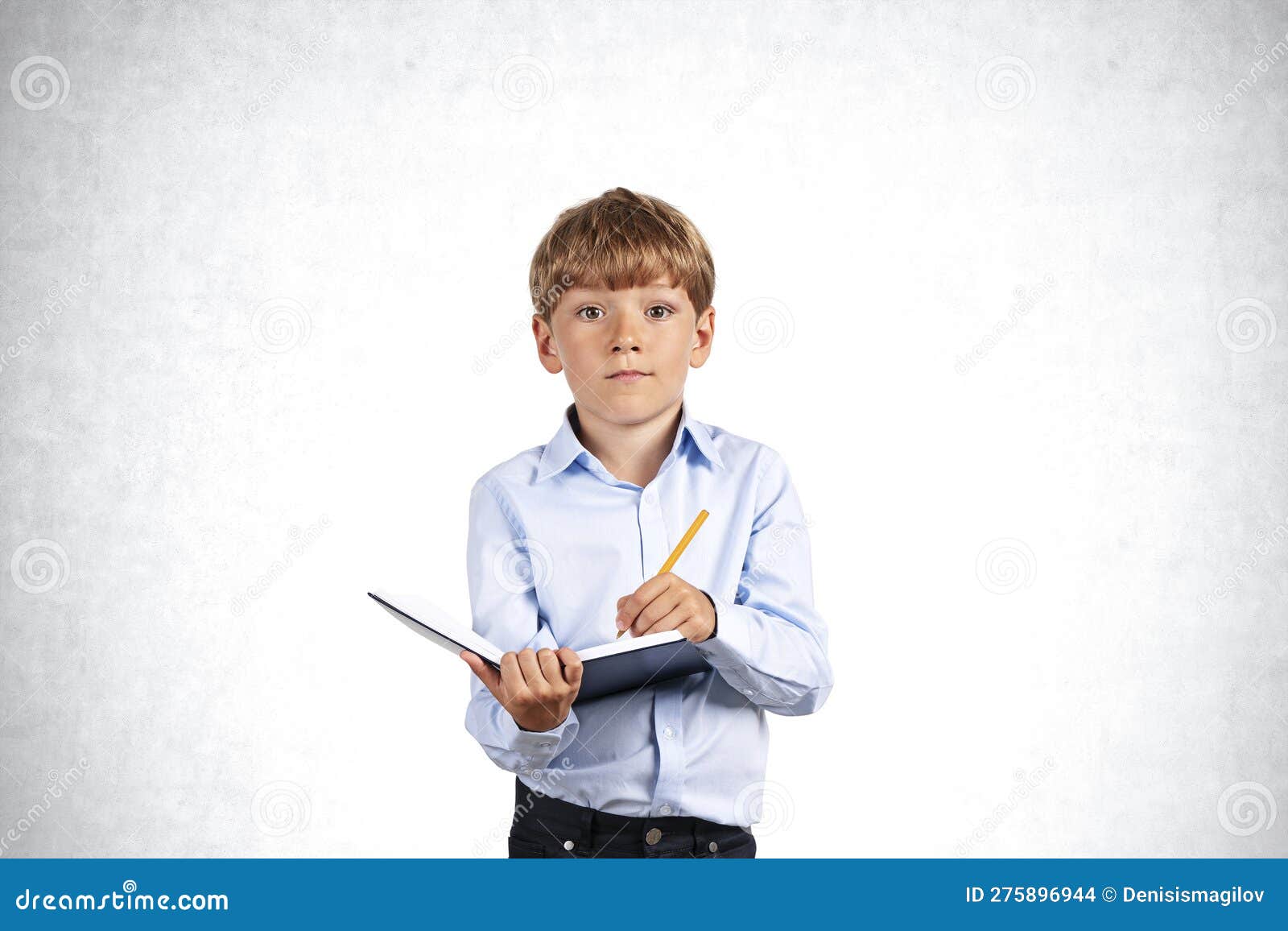 Kid Portrait Taking Notes on Copy Space Grey Concrete Background Stock ...