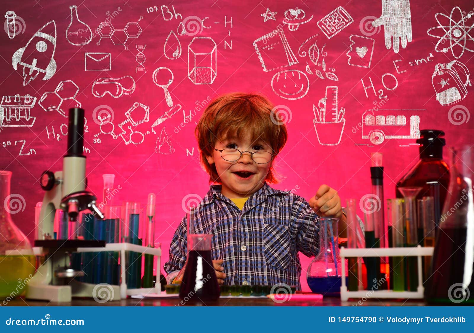 Kid from Primary School. Lab Microscope and Testing Tubes. First Grade ...