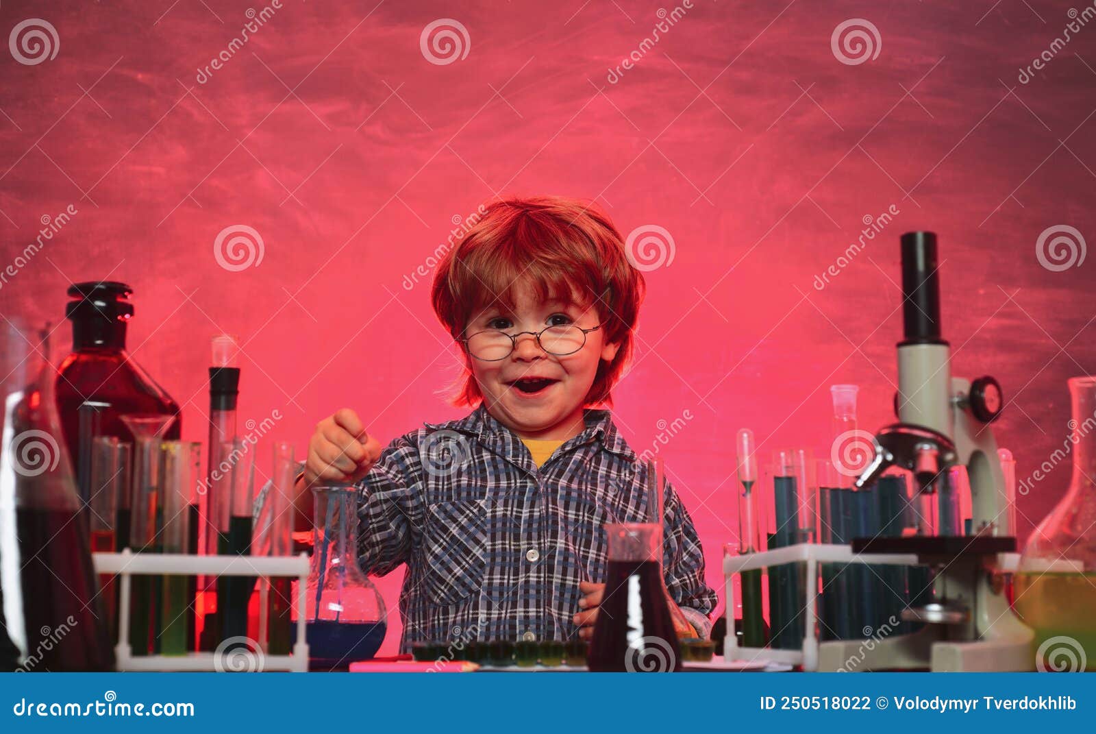 Kid from Primary School. Lab Microscope and Testing Tubes. First Grade ...