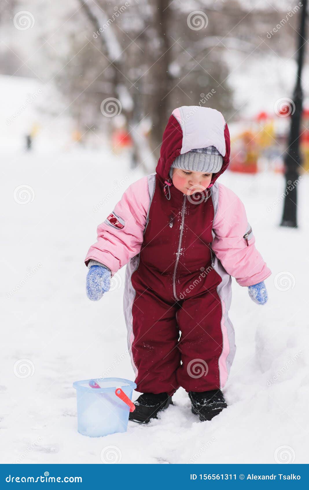 Kid Puts a Bucket in the Snow in the Park Stock Image - Image of people ...