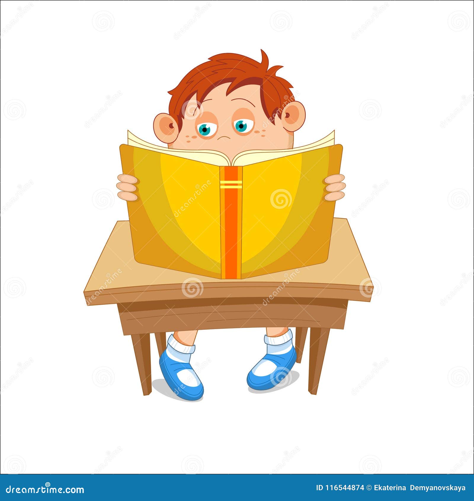 Kid, Reading Open Book, Sitting at the Table, Vector Illustration Stock ...