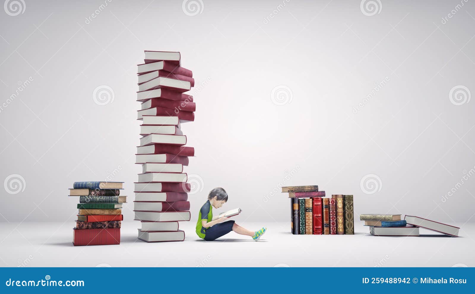 Kid Reading and Sit at Side of Book Stack Stock Illustration ...