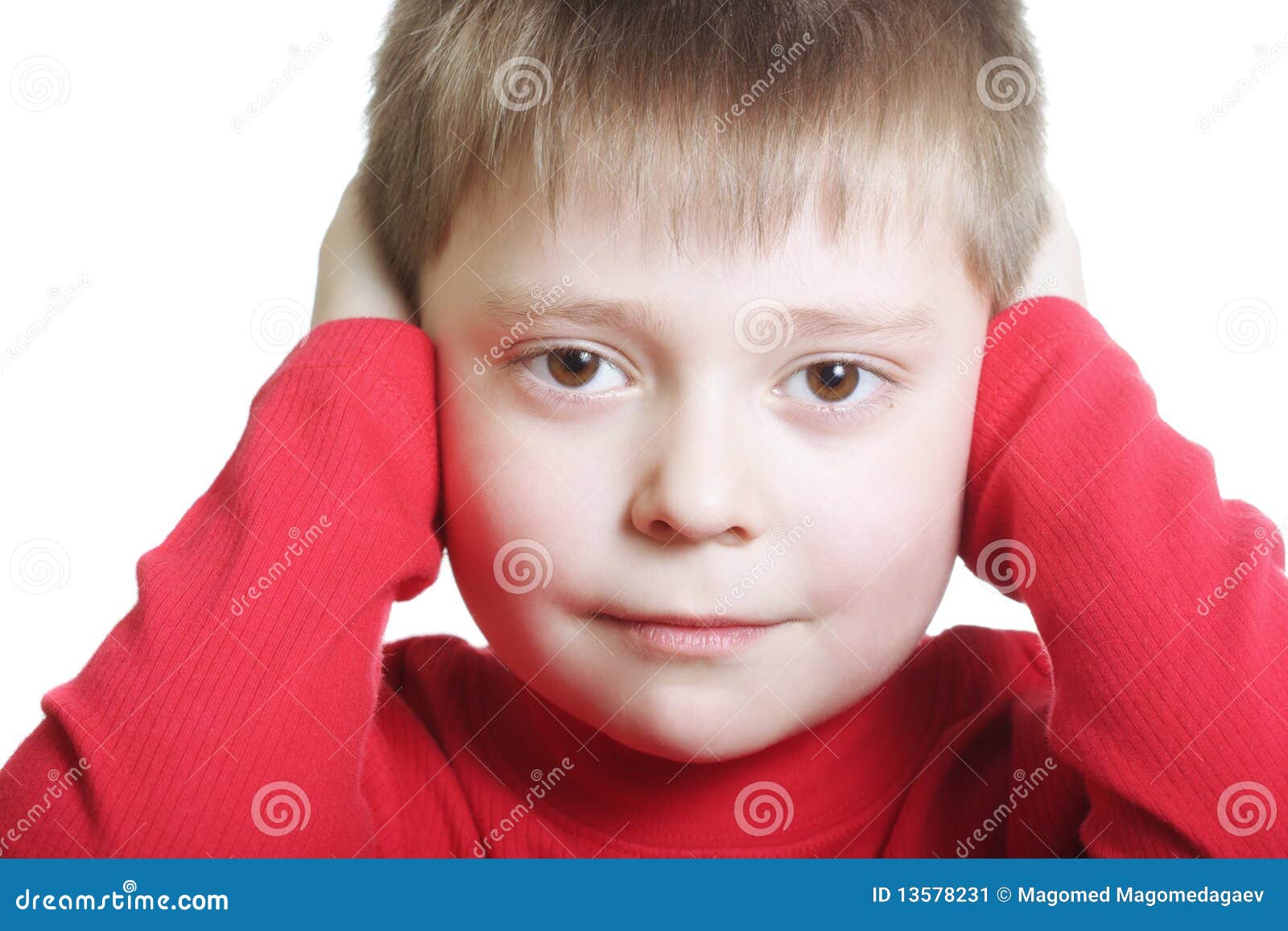 Kid in red closing ears stock image. Image of casual - 13578231