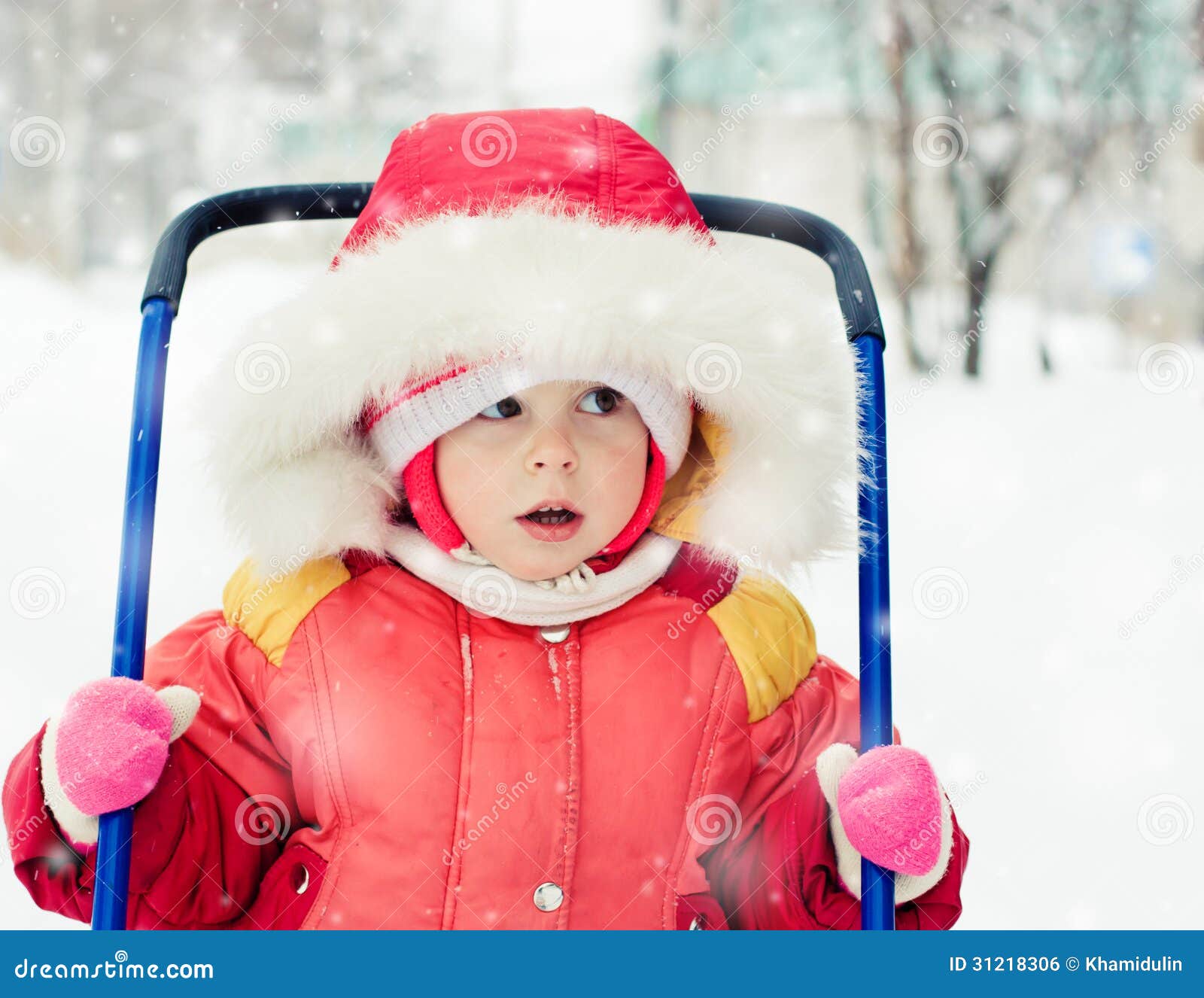The Kid in Red Jacket Winter. Stock Photo - Image of park, beautiful ...