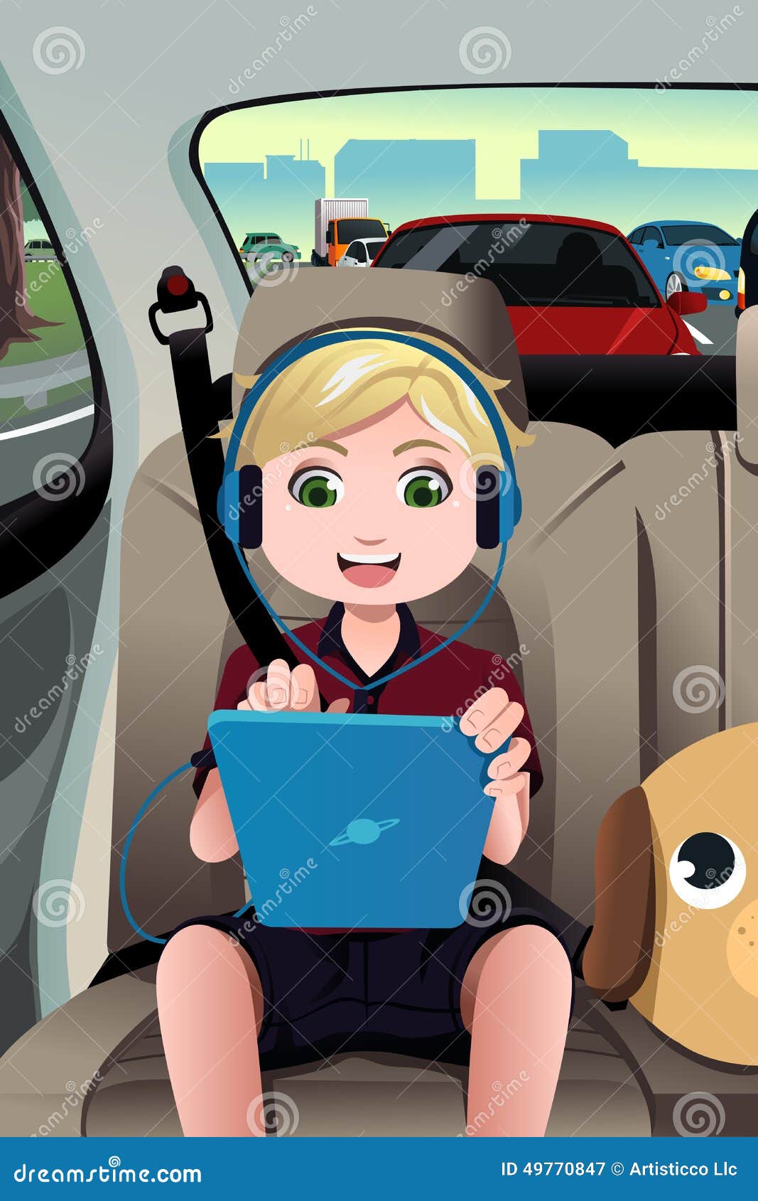 Kid Riding a Car Using a Tablet Stock Vector - Illustration of smile ...