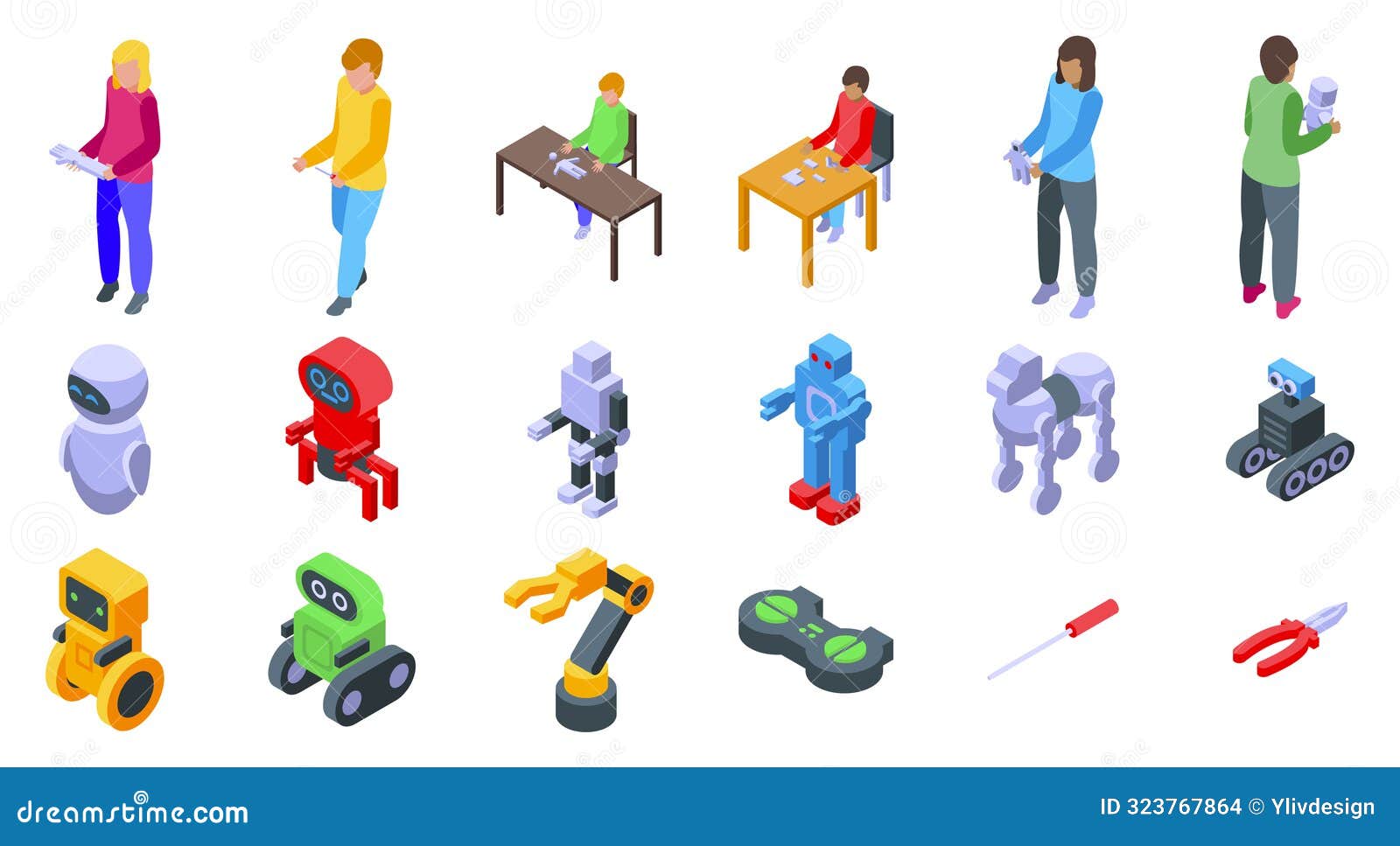 Kid Robot Class Icons Set. Robotics Engineering Team Working on Innovative Project, Developing ...