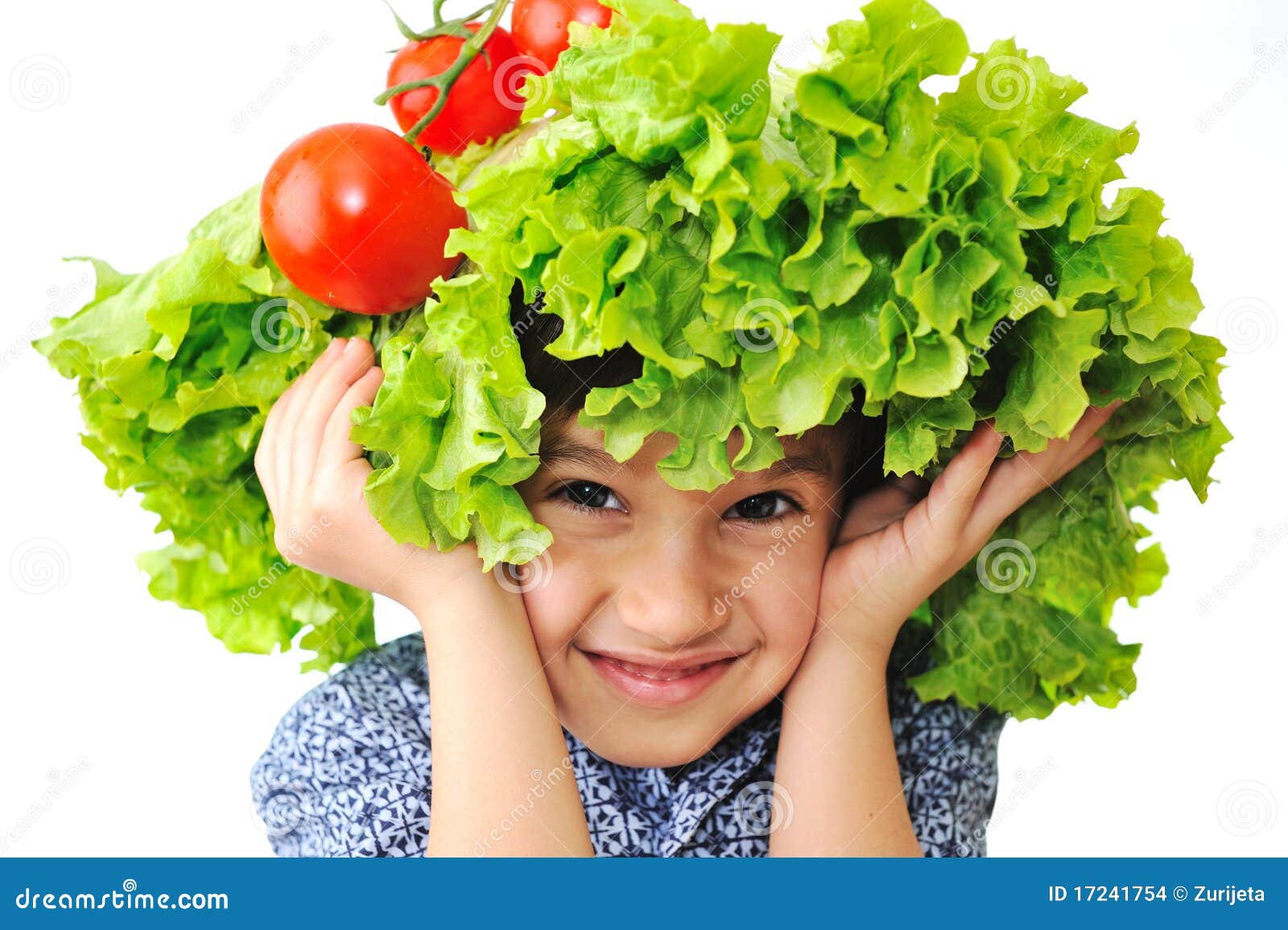 Kid with Salad and Tomato Hat on His Head Stock Photo - Image of diet ...