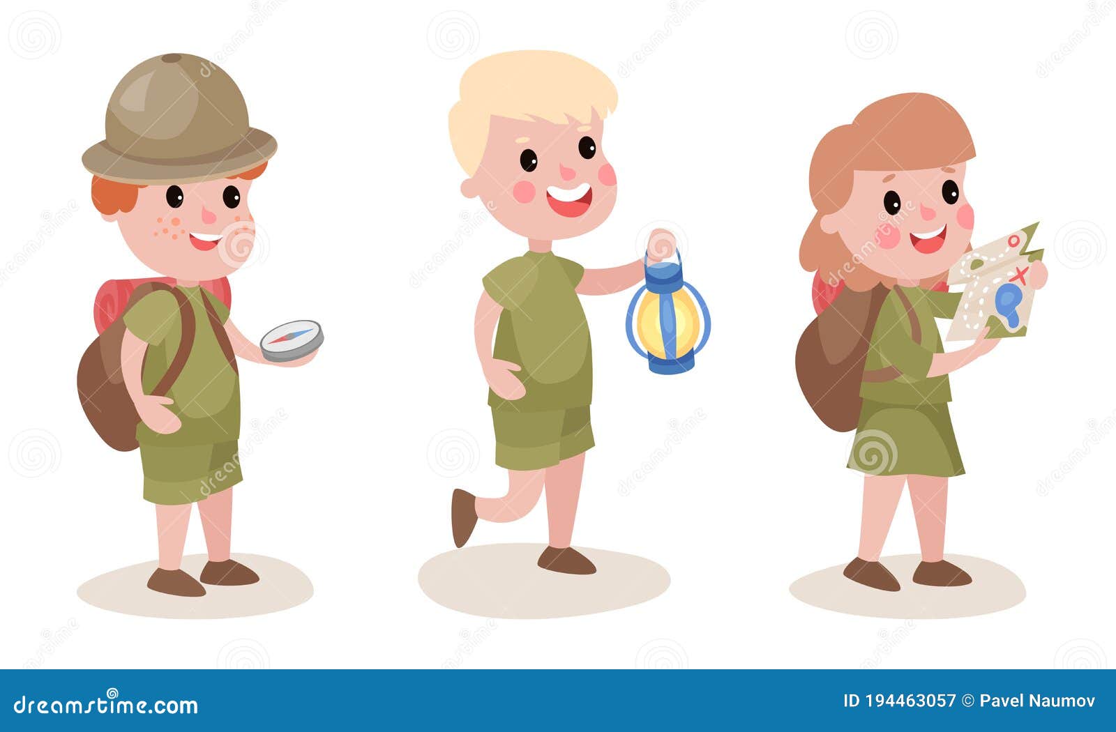 Kid Scouts with Backpacks Holding Map and Compass Camping Vector ...