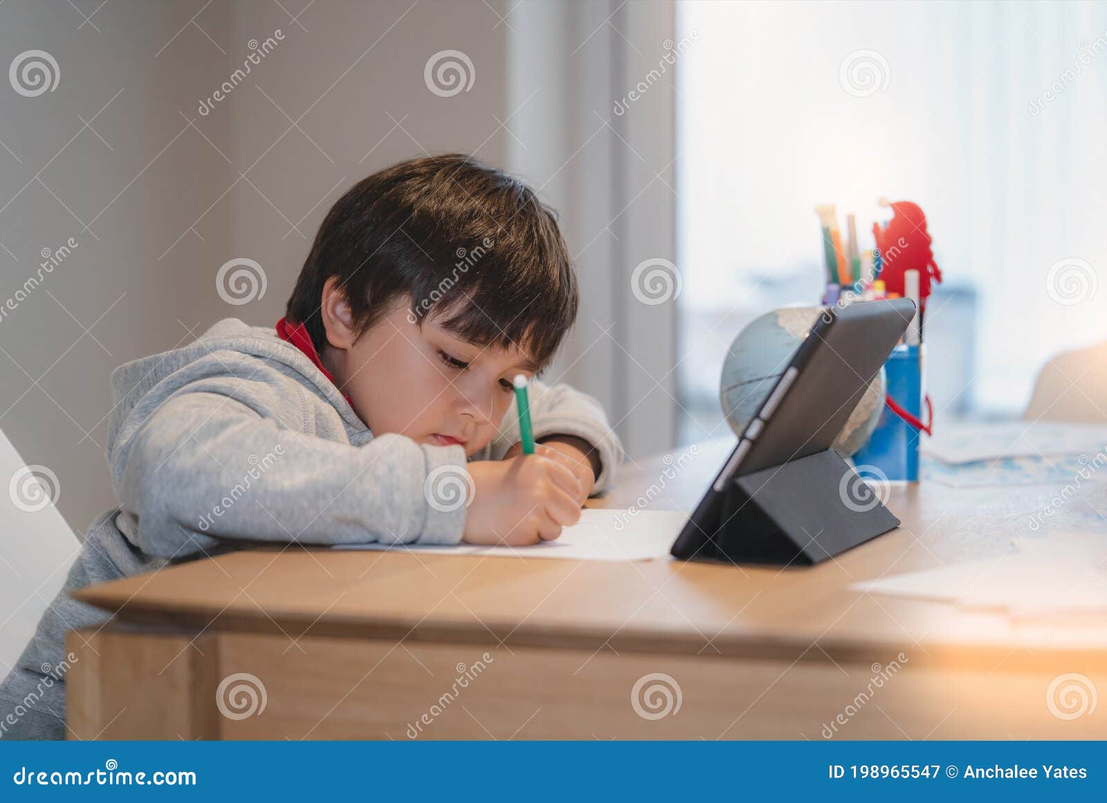 Kid Self Isolation Using Tablet for His Homework,Child Boy Using ...