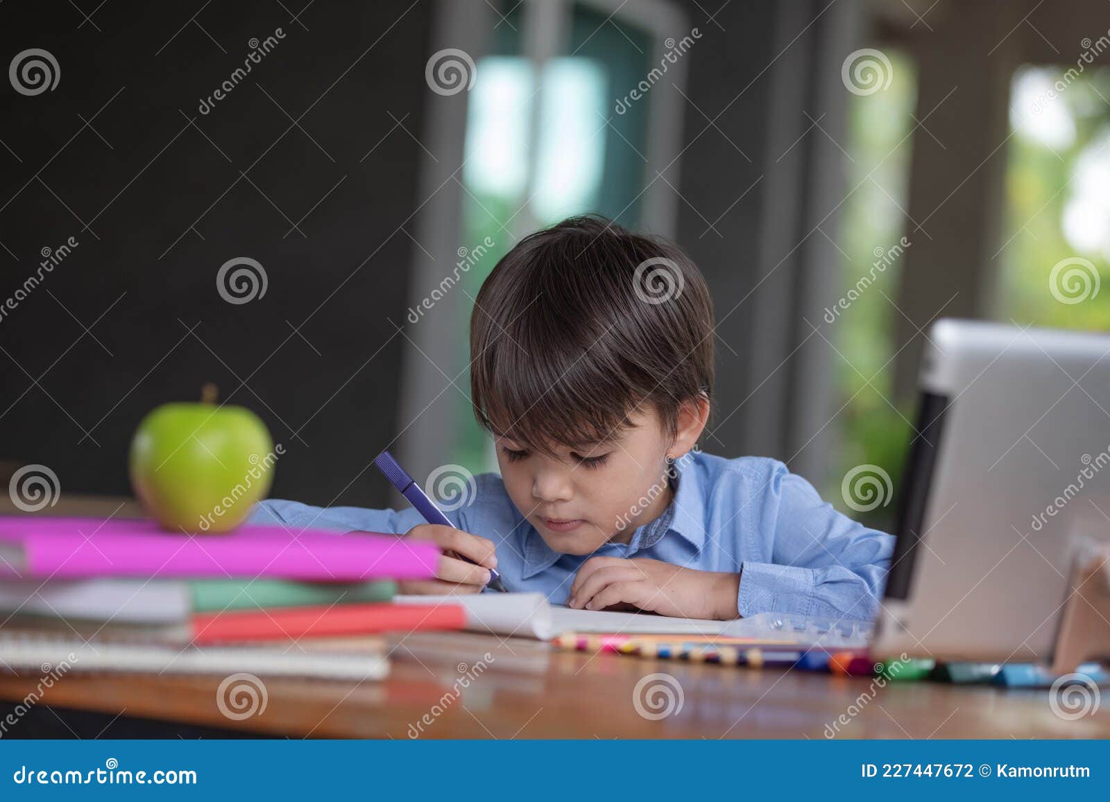 Kid Self Isolation Using Tablet for His Homework,Child Doing Using ...