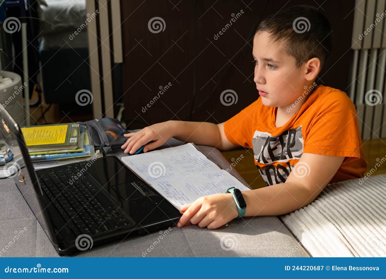 Kid Self Isolation Using Tablet for His Homework. Online Education ...