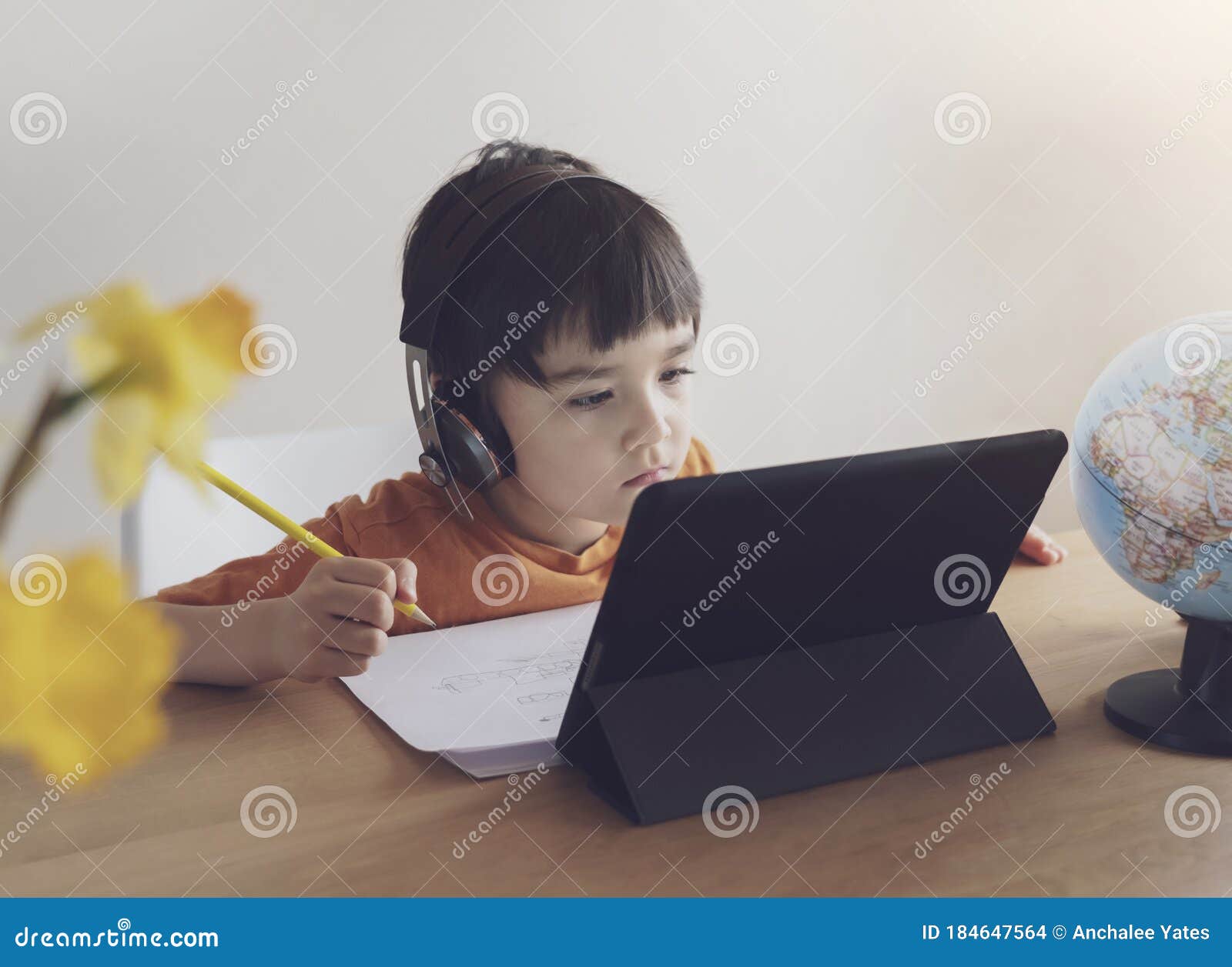Kid Self Isolation Using Tablet for His Homework,Child Doing Using ...
