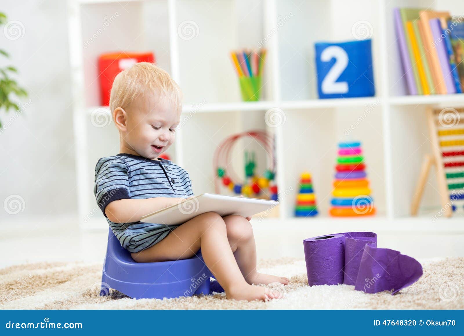 Kid Sitting on Chamber Pot Playing Tablet Pc Stock Photo - Image of ...