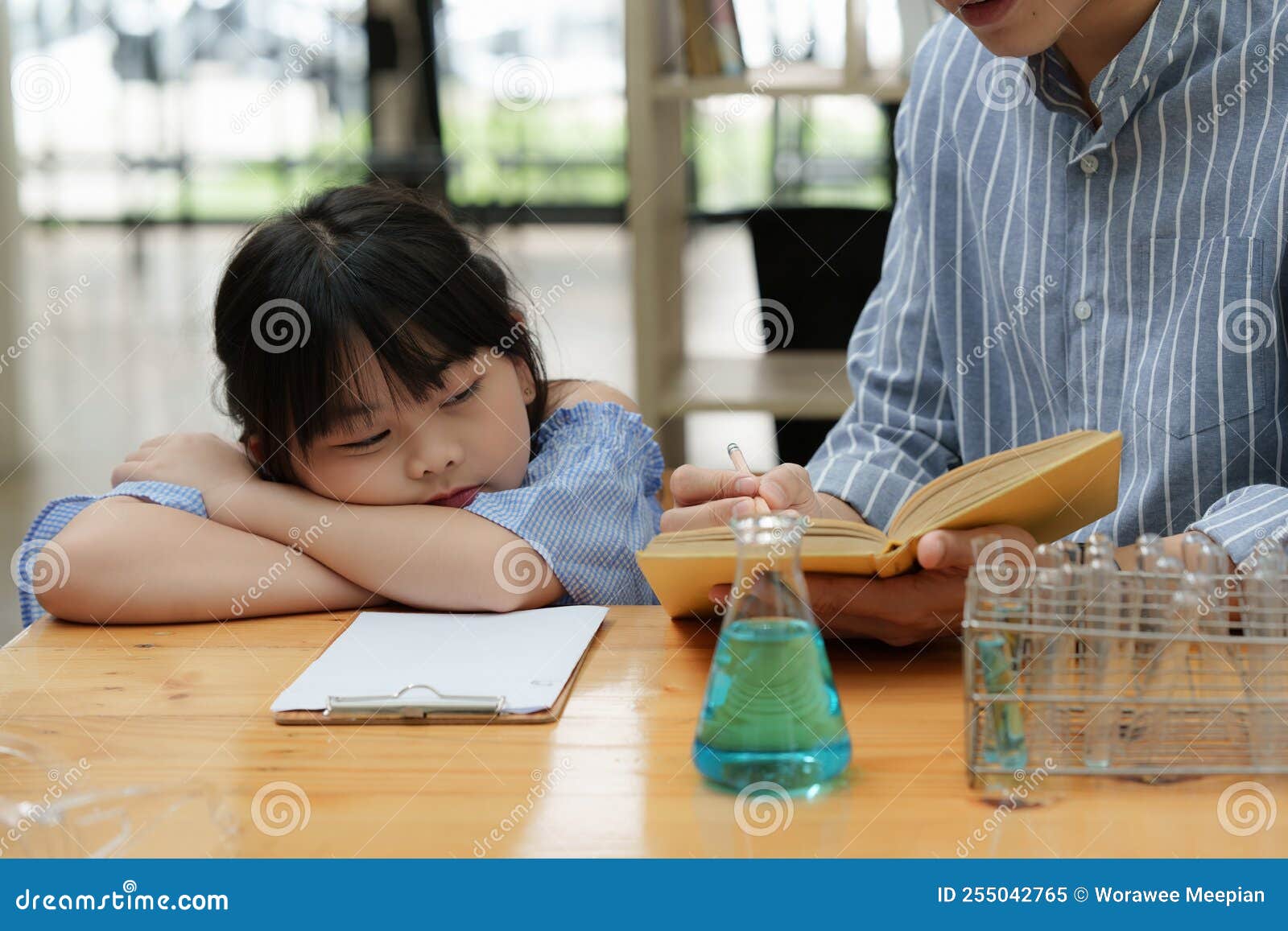 Kid Sleeping while Doing Science Experiments. Education Science Concept ...