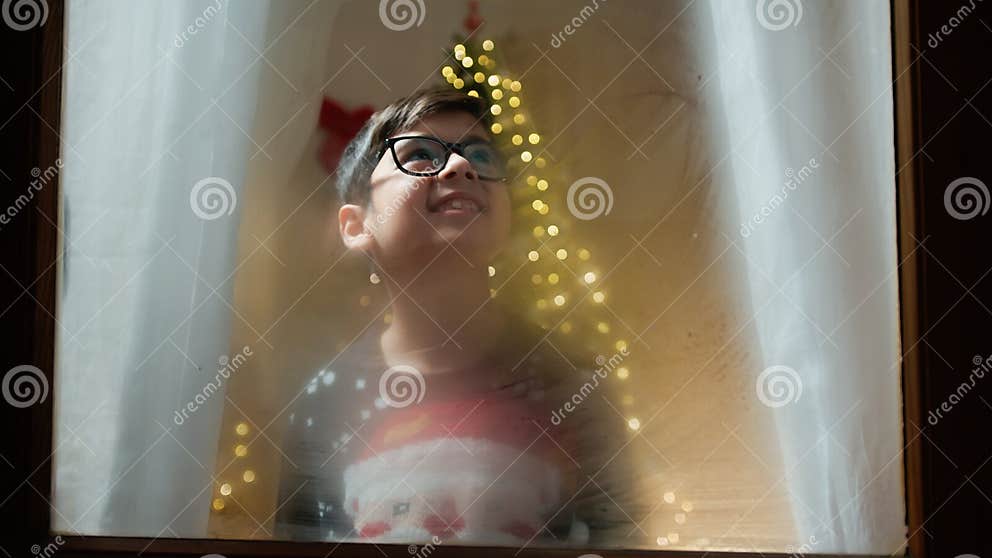 Kid Smiling Watching Outside the Window Stock Image - Image of window ...