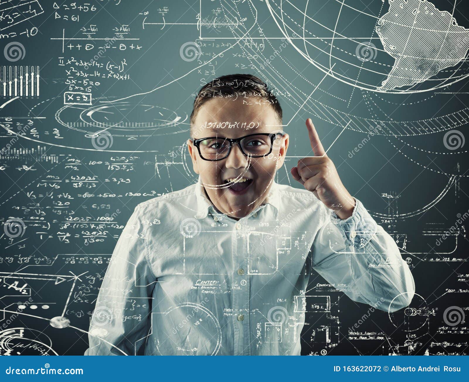 Kid solving math formulas stock photo. Image of invention - 163622072