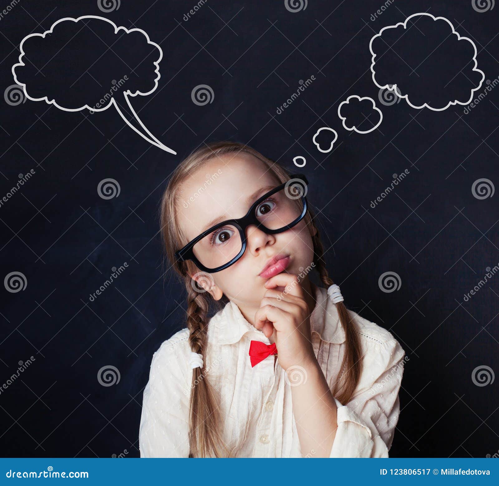 Thinking Child Girl. Little Child Hold Light Idea Bulb. Education ...