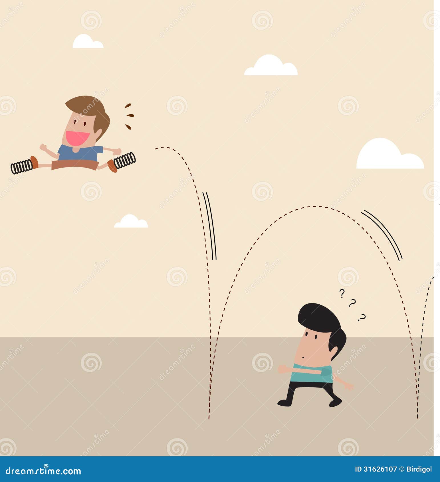 Kid With Spring At Shoe Jump Across Another Man Cartoon Vector ...