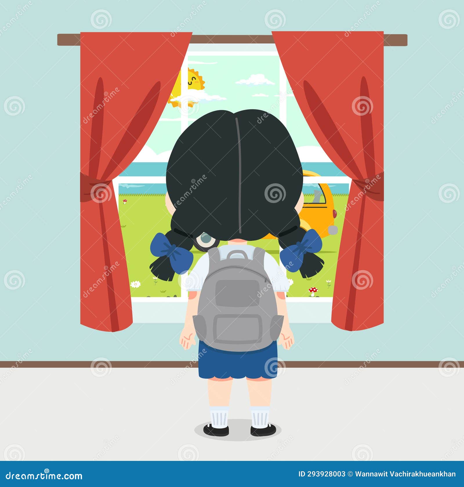 Kid Student Girl Standing Back View the Window Stock Vector ...