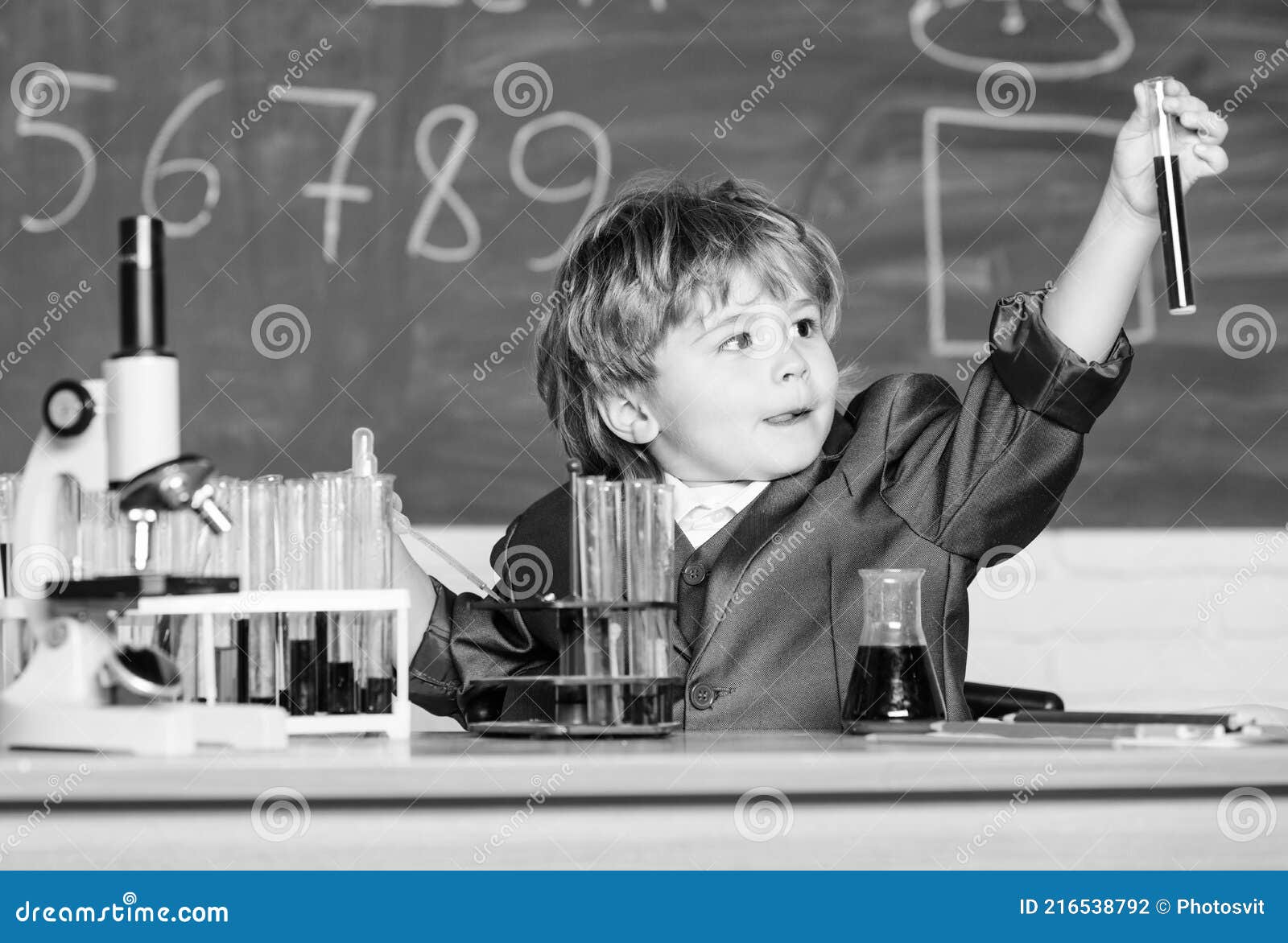 Kid Study Biology Chemistry. Boy Microscope And Test Tubes School ...