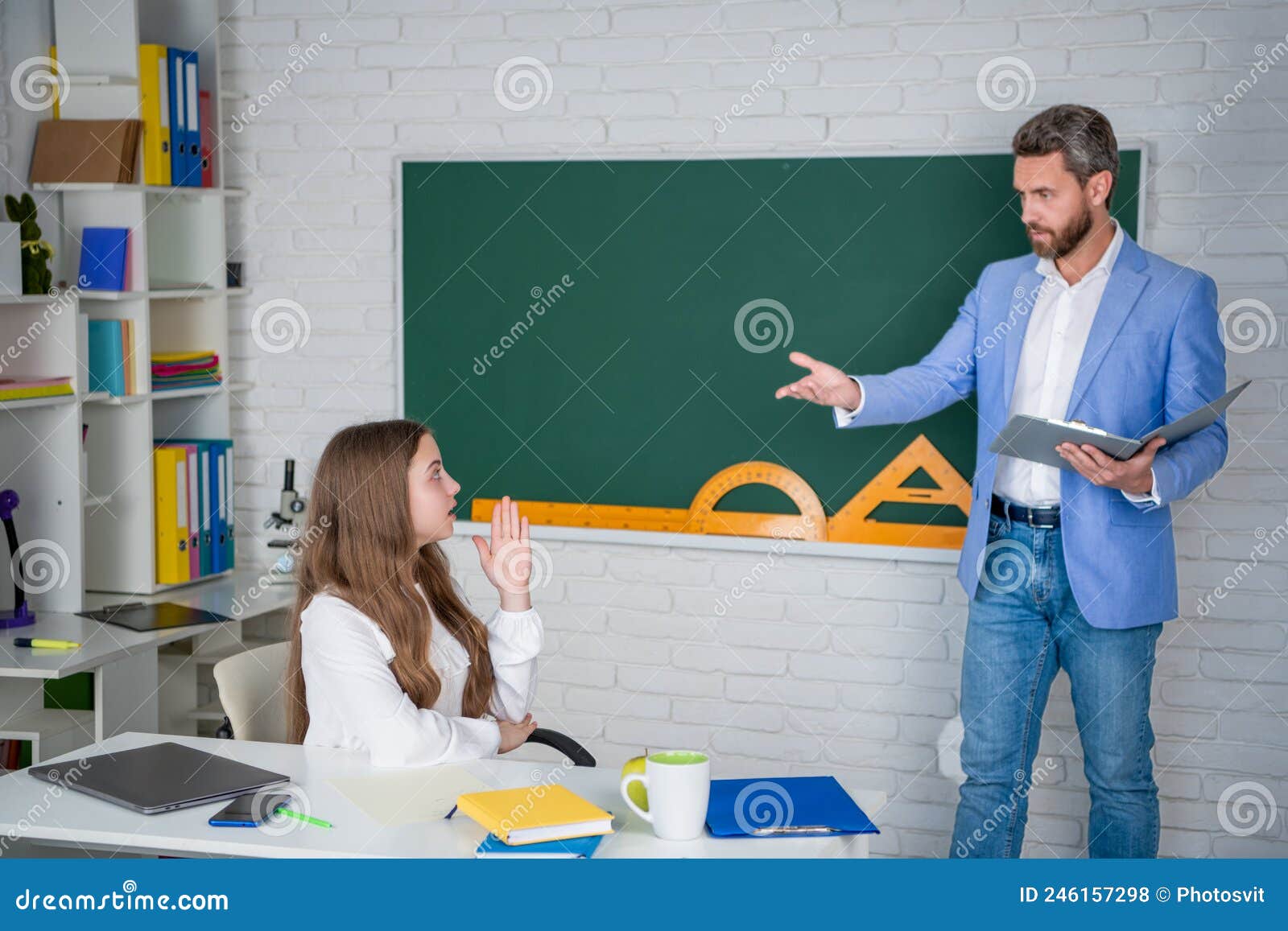 Kid Study in Classroom with Teacher. Selective Focus Stock Photo ...