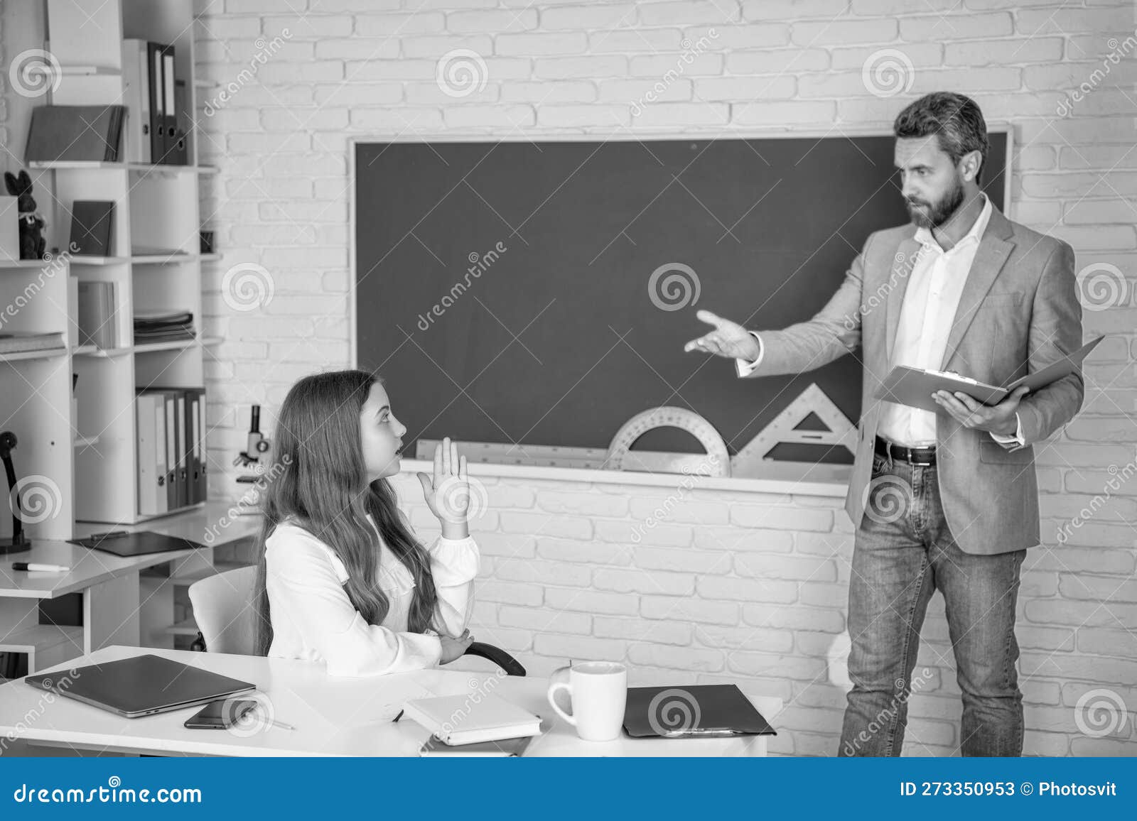 Kid Study in Classroom with Teacher. Selective Focus Stock Image ...